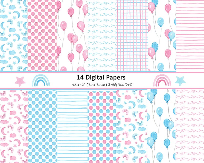 Blue and Pink Digital Paper Pack, Baby Shower Digital Paper, Rainbows ...