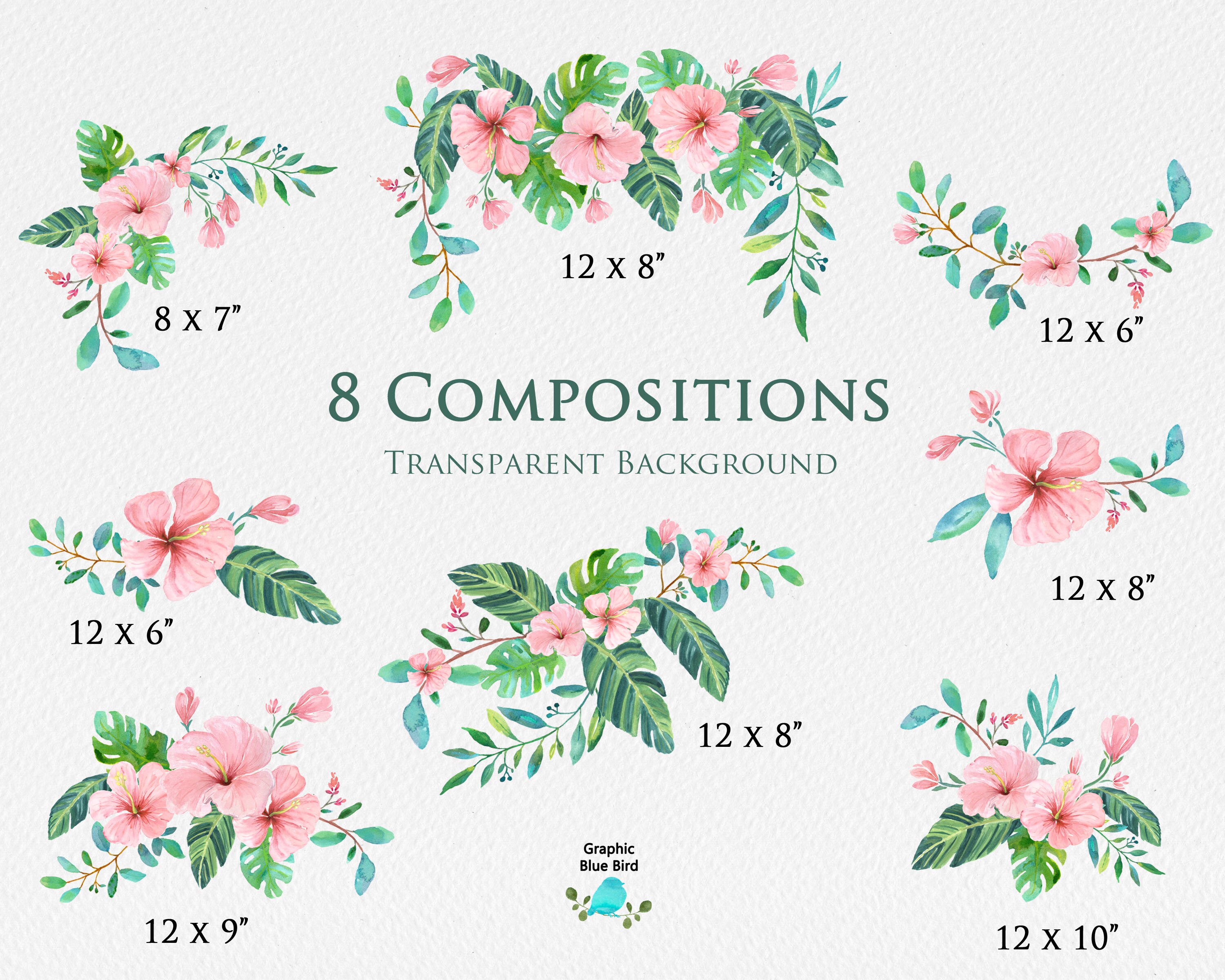 Tropical Island Flowers and Greenery, 8 Composed Designs for Tropical ...