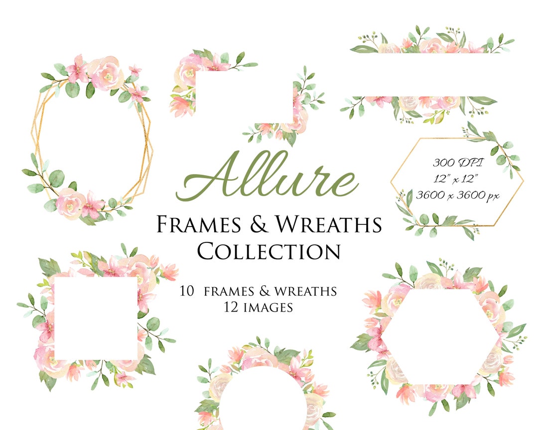 Pink Floral Frames, Pink and Blush Floral Watercolor Wreaths and Frames ...