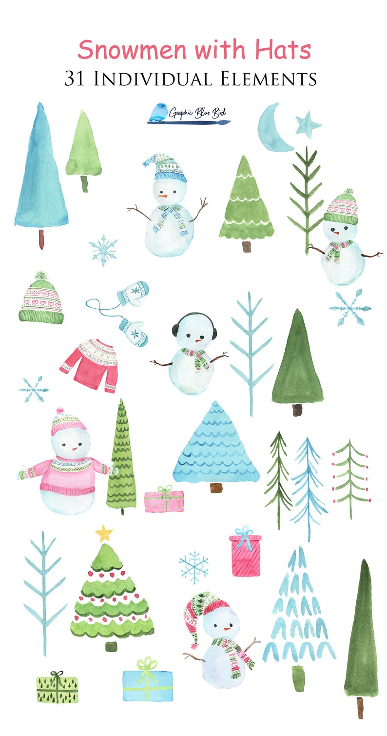 Snowmen Winter Clipart, Watercolor Snowmen, Christmas Cards, Christmas ...