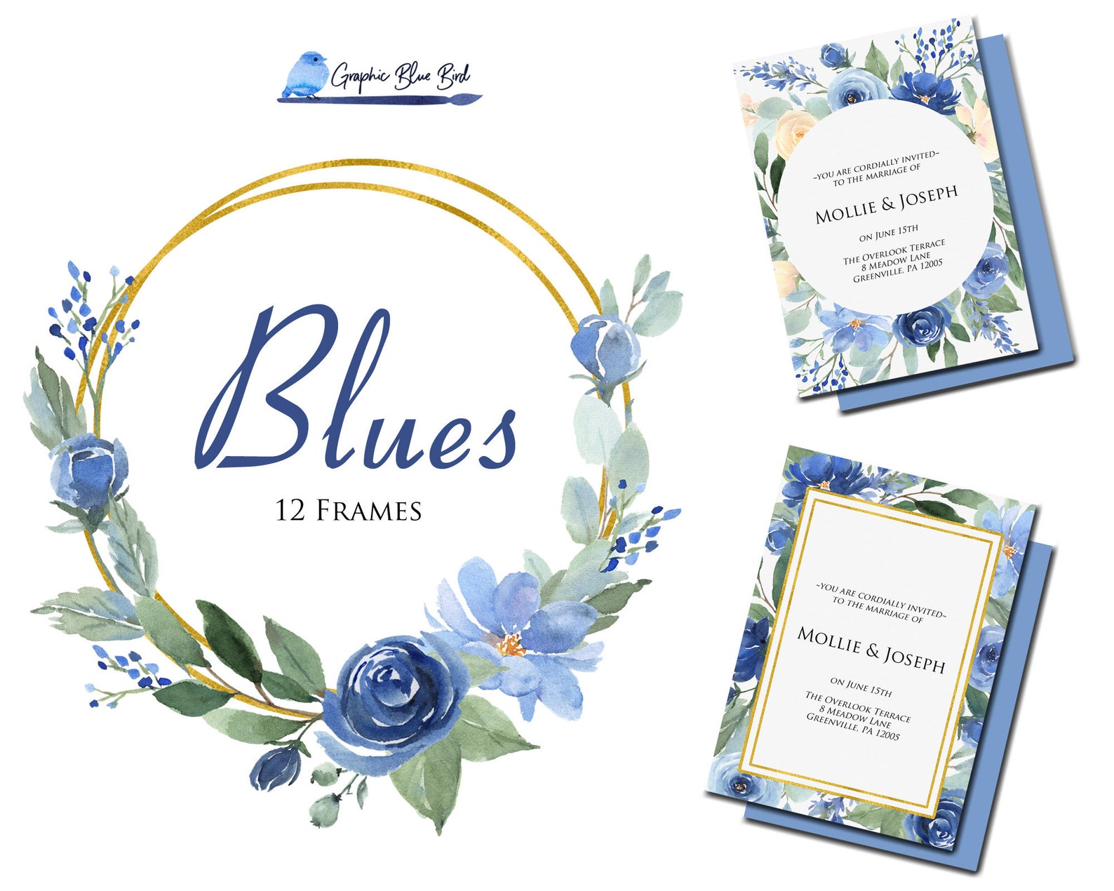 Blue Floral Frames, Gold Geometric Frames With Blue Flowers, Navy and ...
