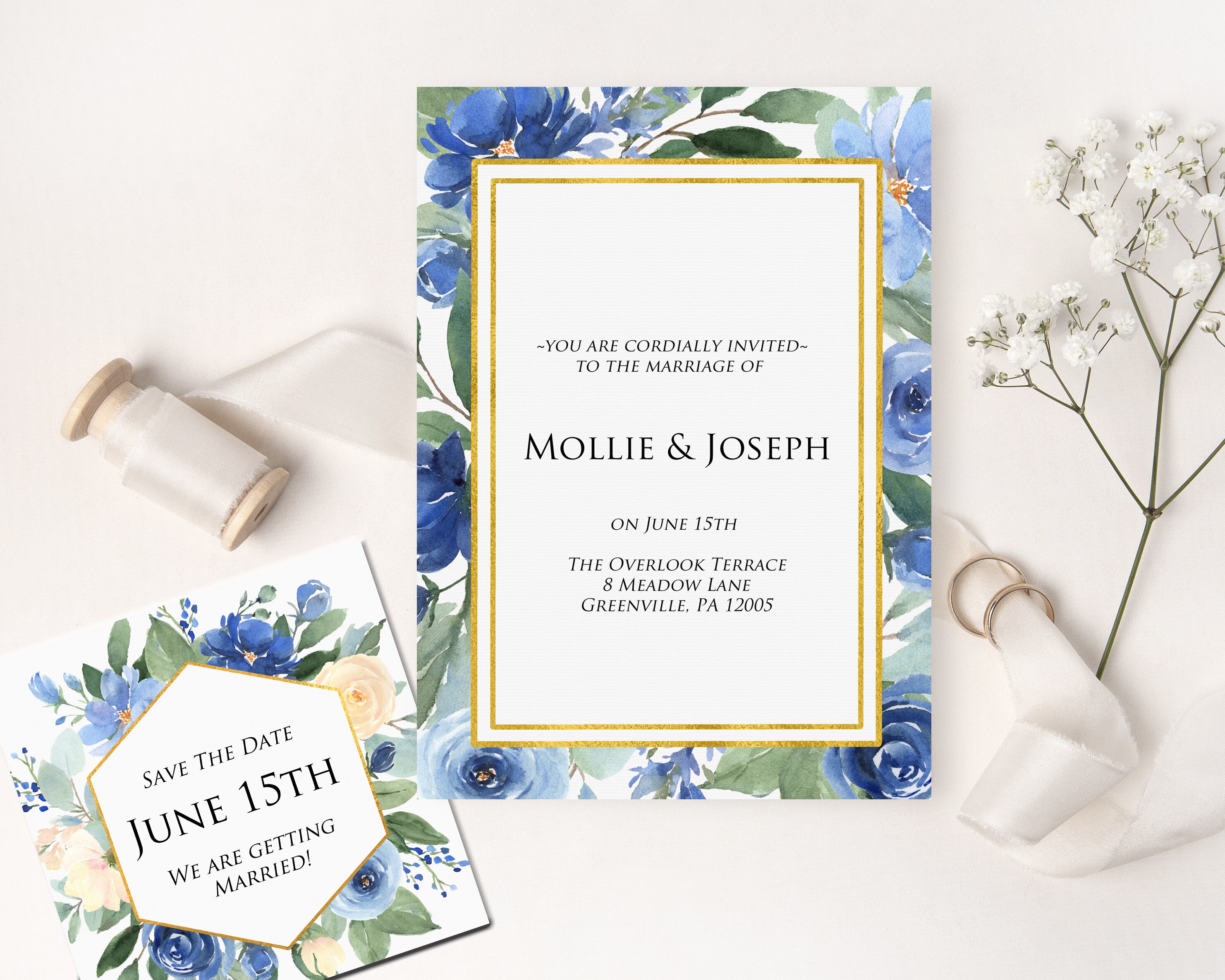 Blue Floral Frames, Gold Geometric Frames With Blue Flowers, Navy and ...