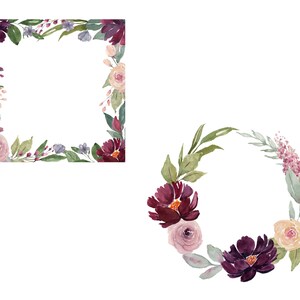 Watercolor Clip Art Floral Wreaths and Frames in Burgundy, Blush and ...