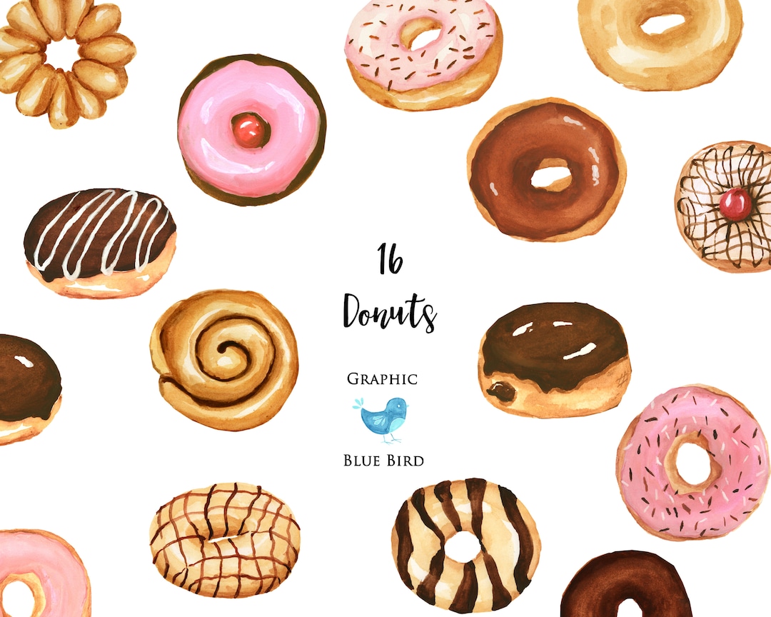 Watercolor Donuts Clip Art Set, Set of 16 Donuts, Bakery Clip Art ...