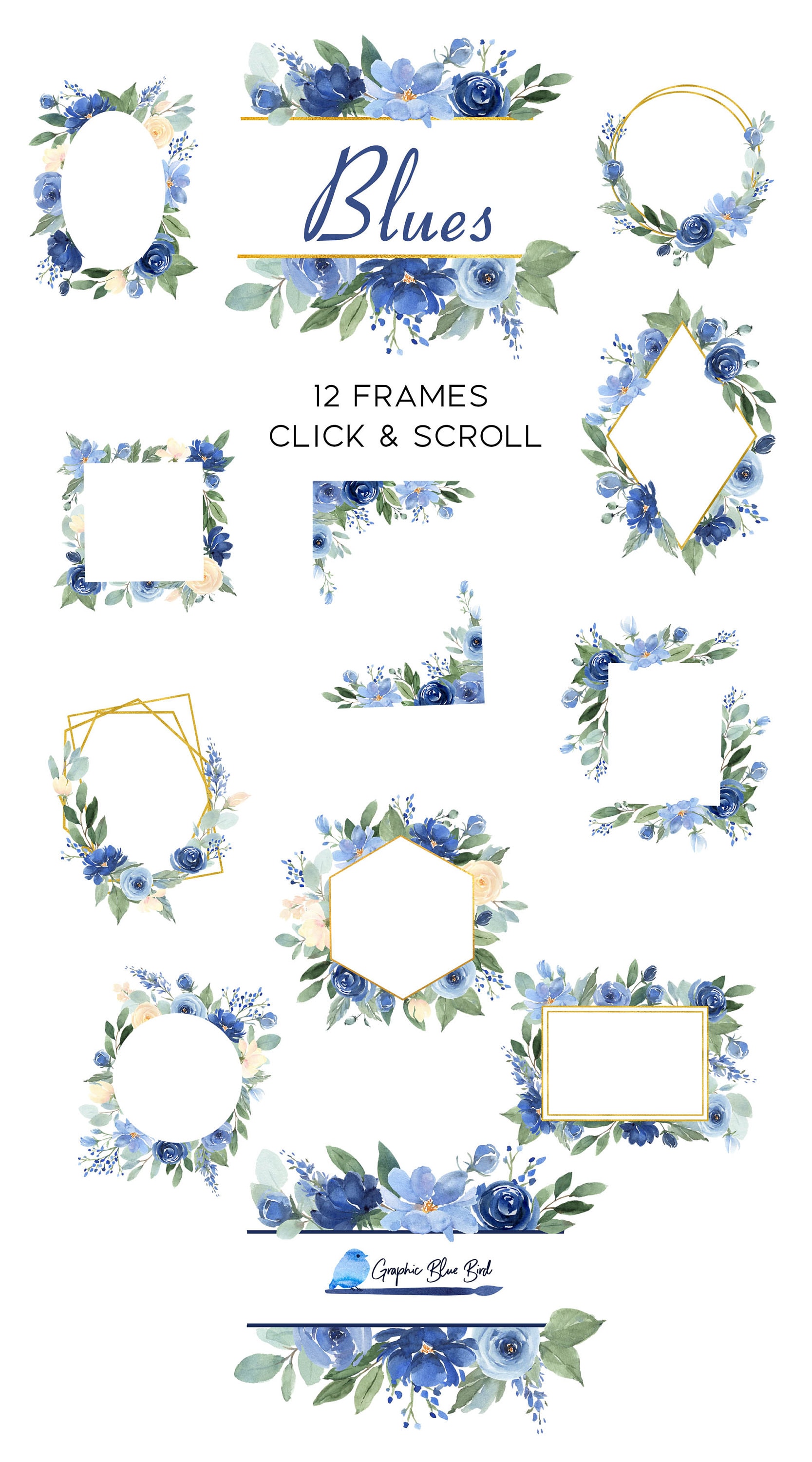 Blue Floral Frames, Gold Geometric Frames With Blue Flowers, Navy and ...