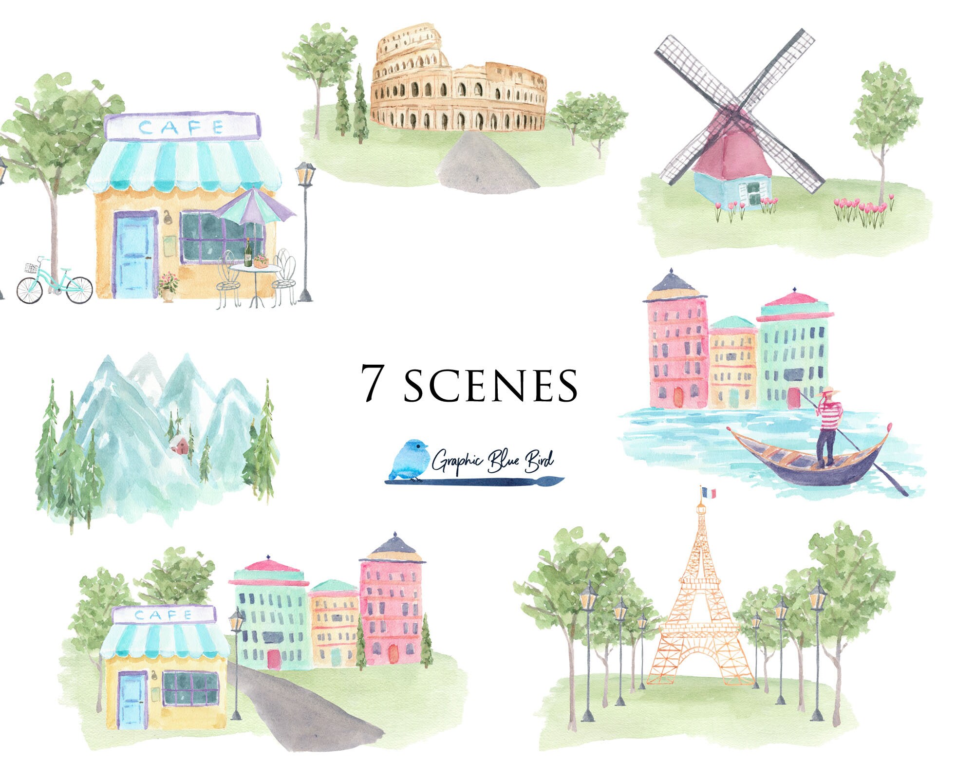 European Travel Watercolor Clipart Set, Rome, Venice, Paris, Holland ...