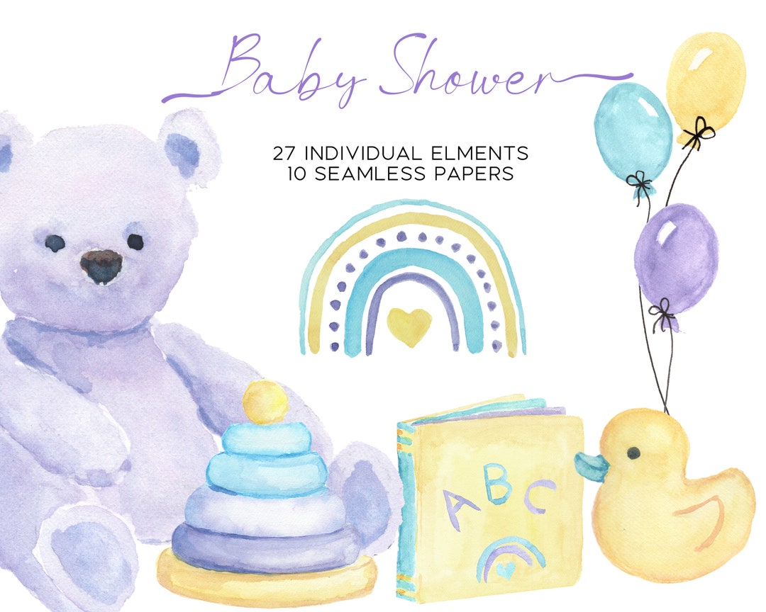 Baby Shower Watercolor Clipart With Matching Seamless Papers, Shower ...