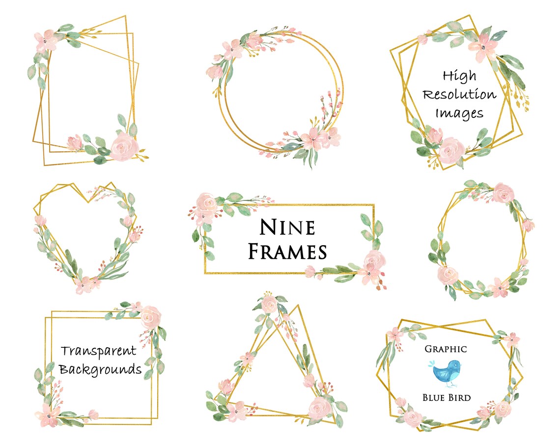 Pink and Gold Floral Frames, Geometric Gold Frames With Blush Pink ...