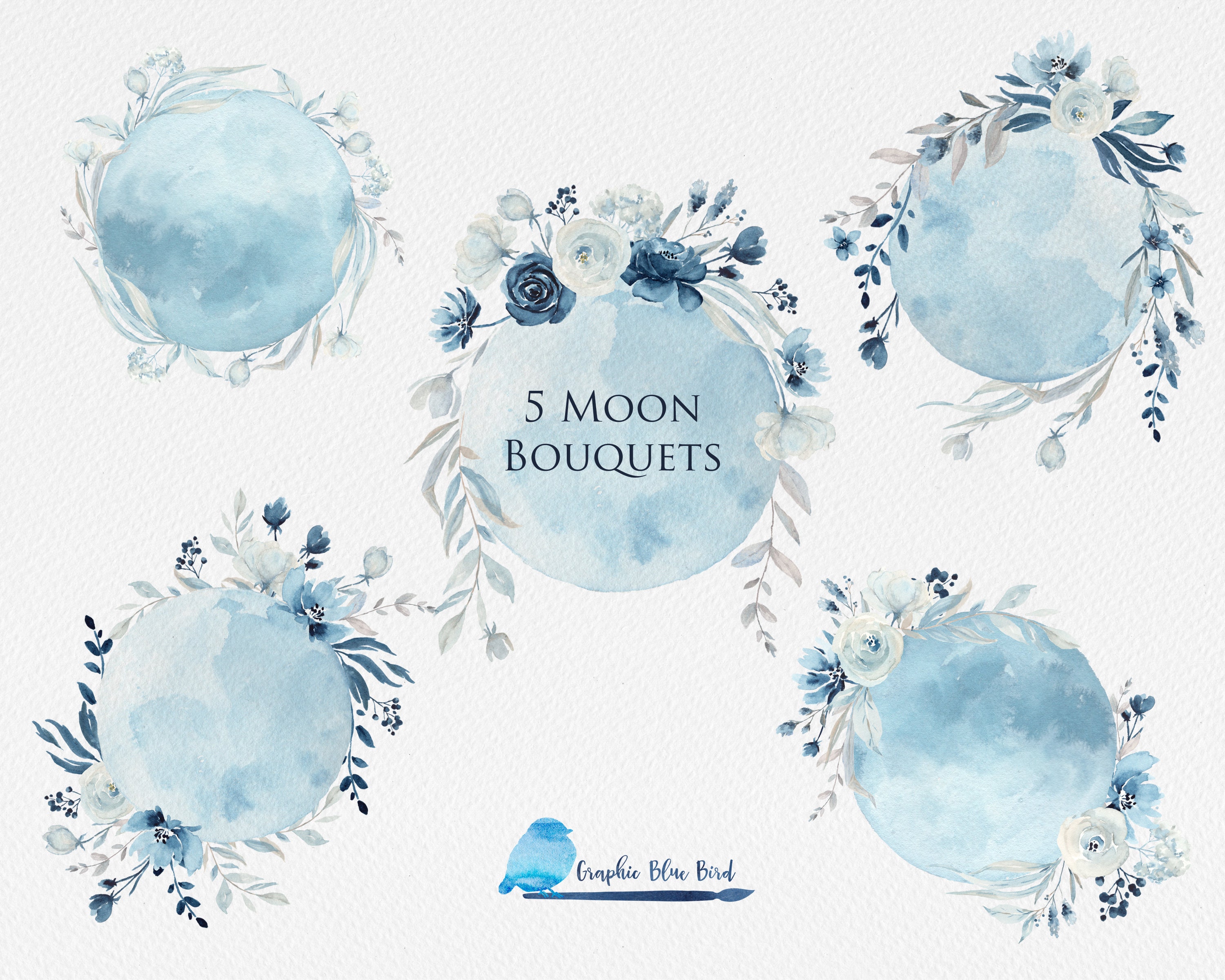 Navy Blue and White Moon and Flowers Watercolor Clip Art - Etsy