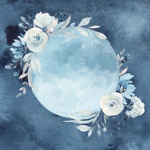 Navy Blue and White Moon and Flowers Watercolor Clip Art, Moonlight ...