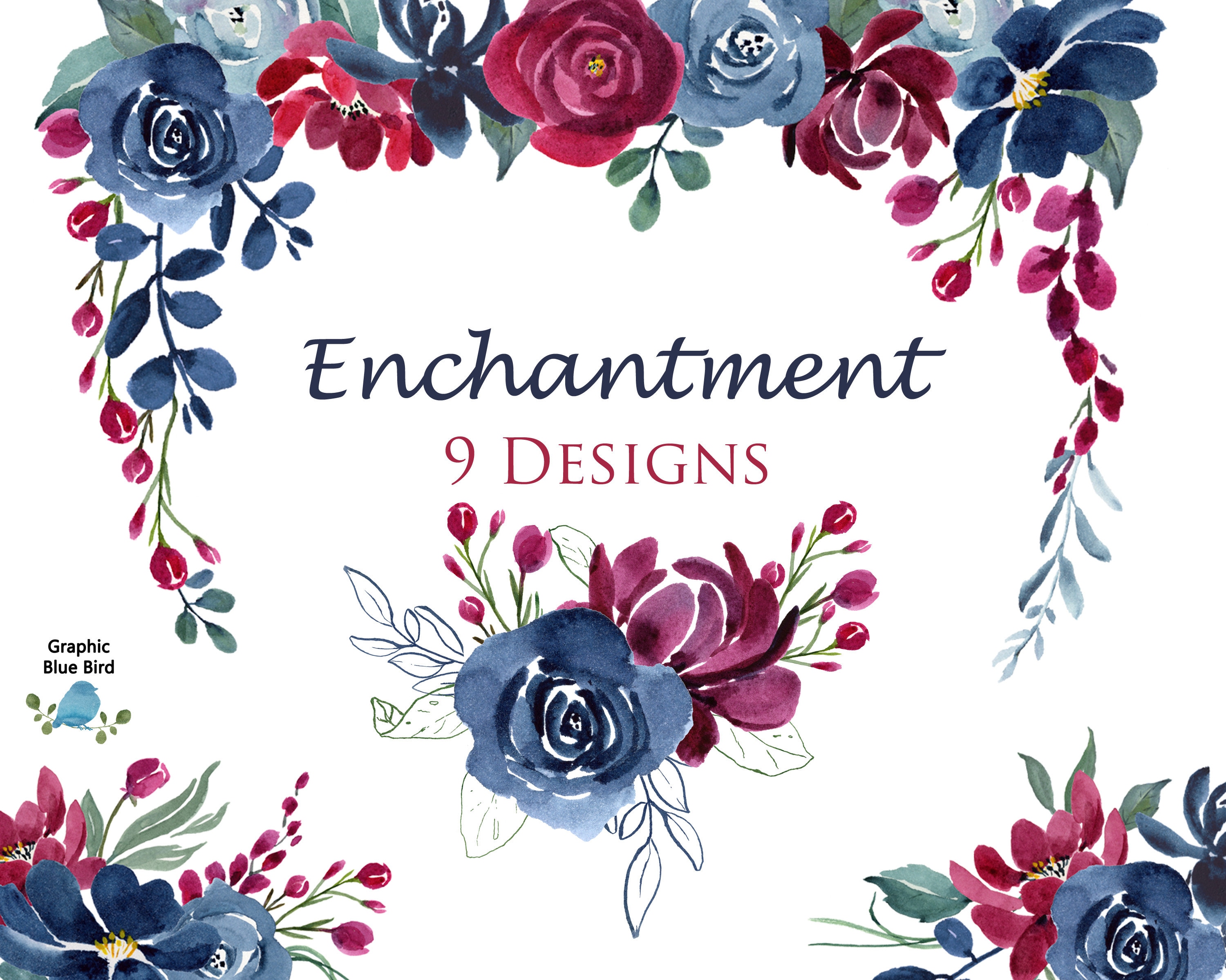 Navy and Burgundy Watercolor Clip Art Floral Designs 9 - Etsy