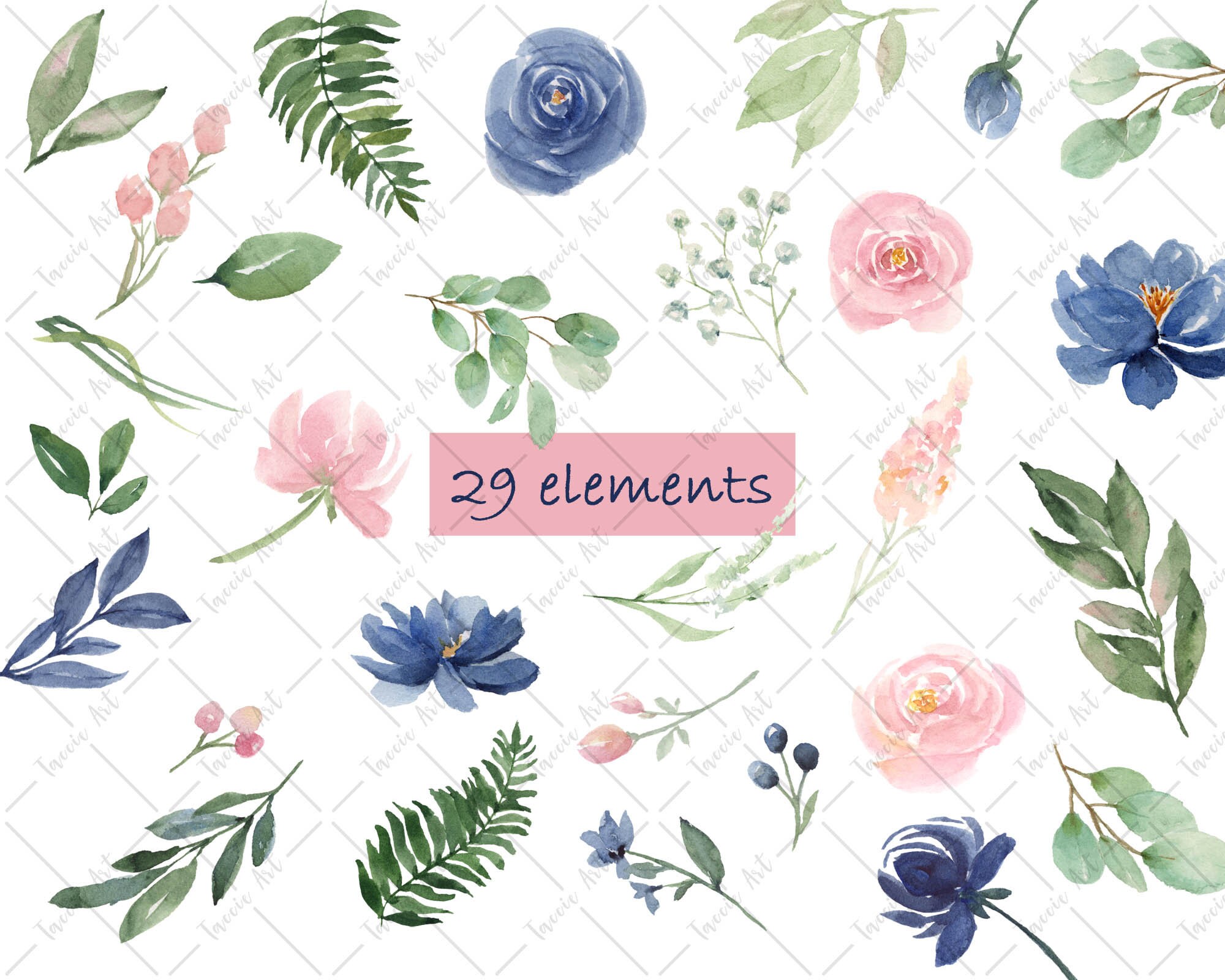 Blush Pink & Blue Watercolor Flowers Clipart Individual | Etsy