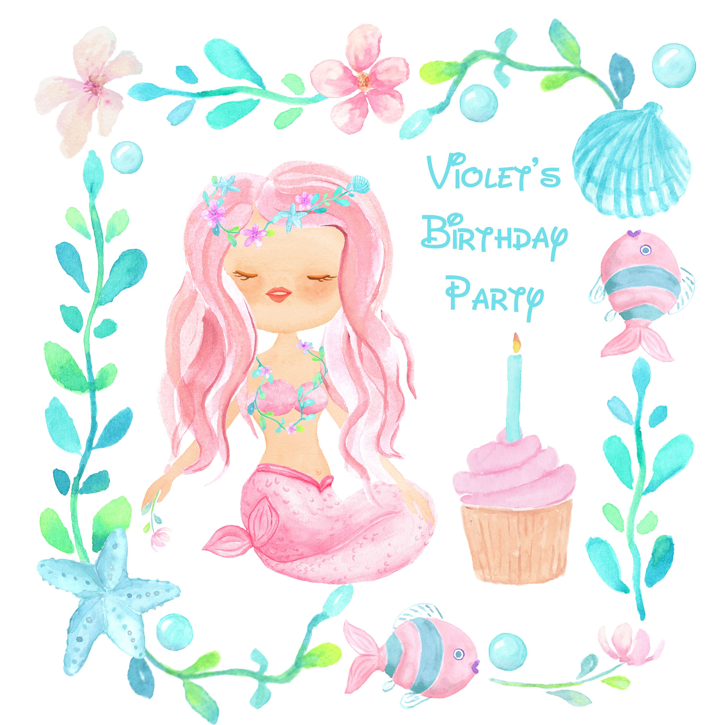 Mermaid Birthday Party Watercolor Fish and Underwater Scene - Etsy