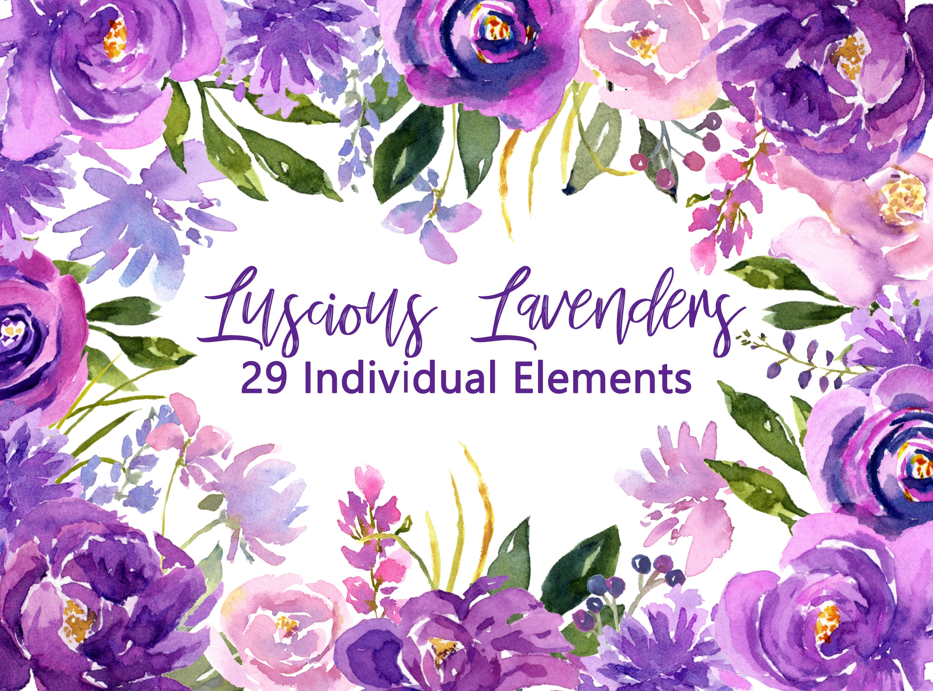 Purple Flowers Individual Elements Collection Set of Hand | Etsy