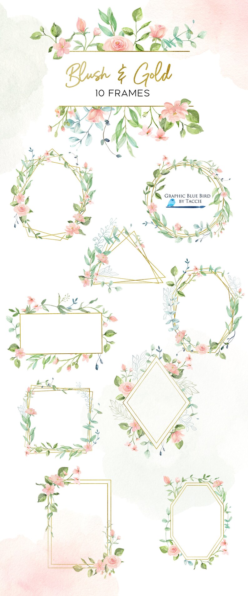 Pink Floral Frames, Gold Geometric Frames With Blush Pink Flowers ...