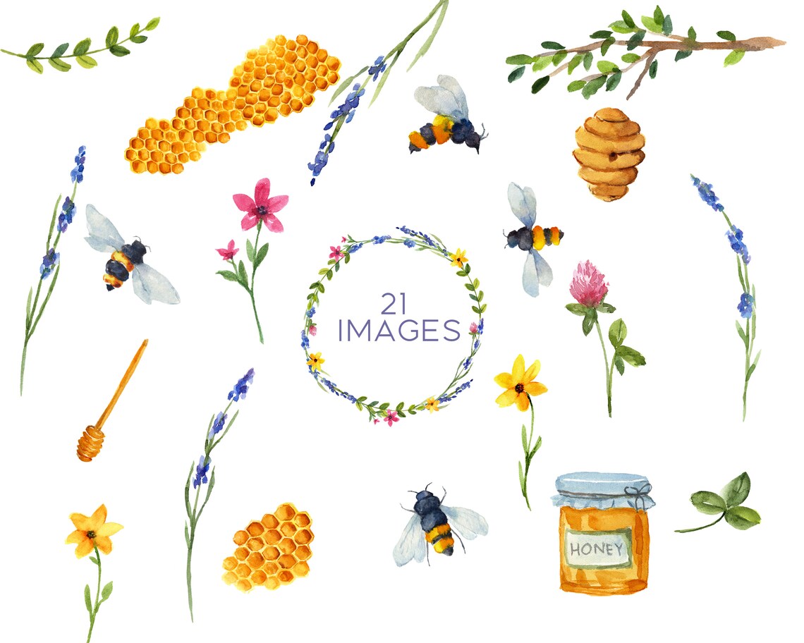Honeybees and Lavender Includes Four Watercolor Bees, Beehive ...