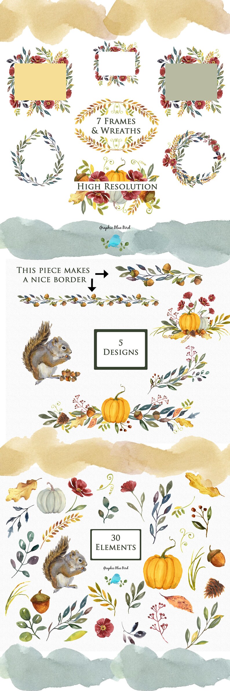 Huge Fall Design Kit: Watercolor Clipart Frames Wreaths - Etsy