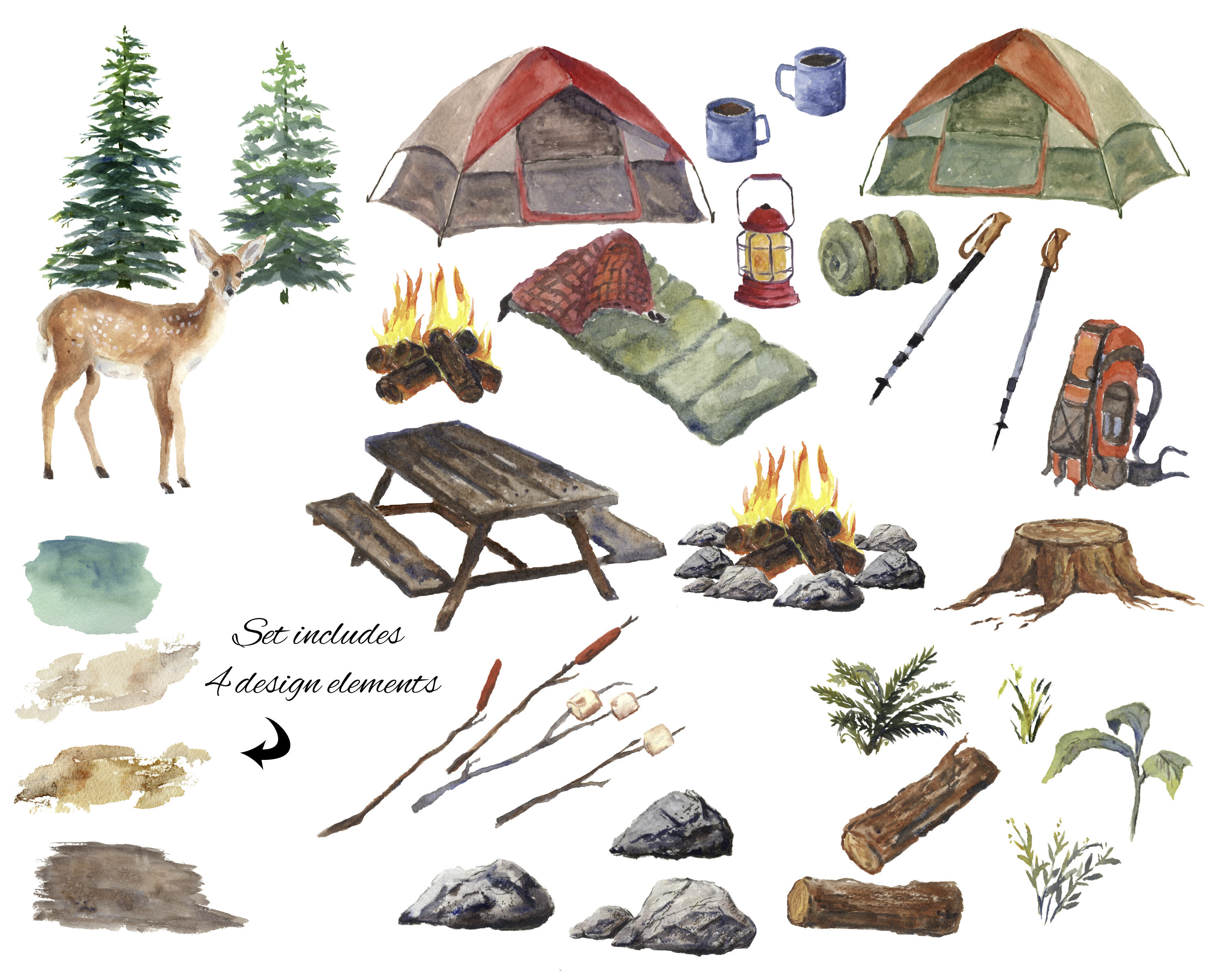 Watercolor Camping and Backpacking Clip Art Set: Tents, Backpack ...