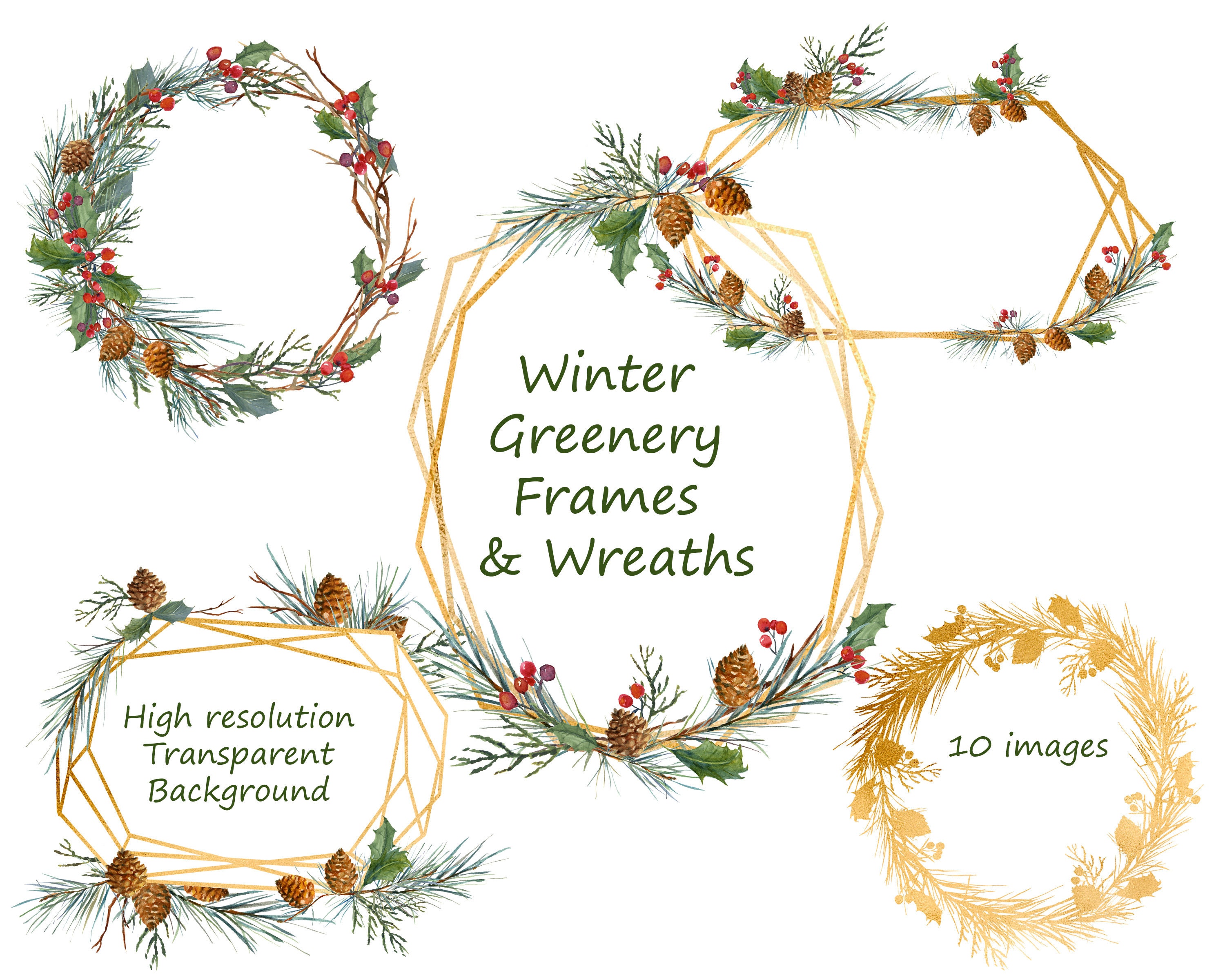 Winter Frames and Wreaths Greenery Collection Watercolor Clip - Etsy