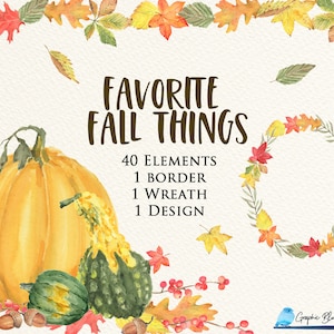Favorite Fall Things, Watercolor Clip Art, Fall Leaves, Acorns, Pumpkin ...