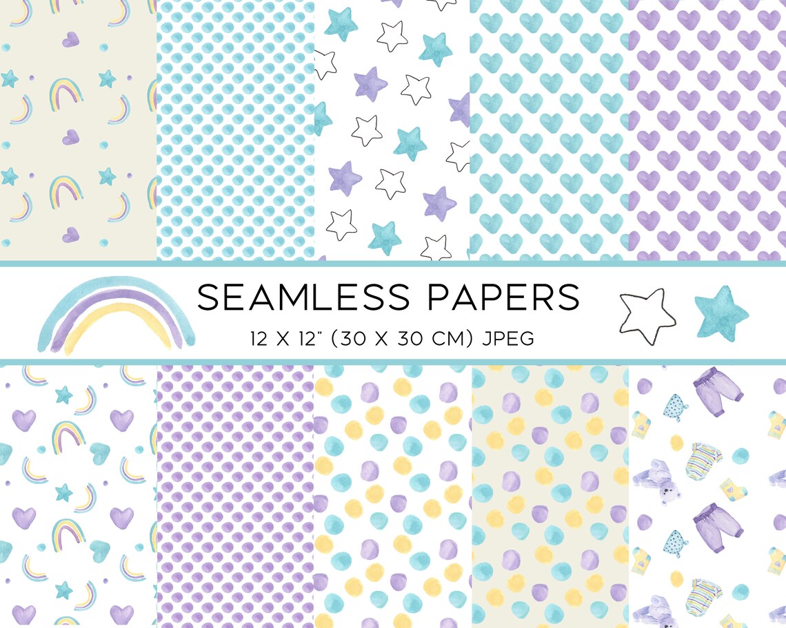 Baby Shower Watercolor Clipart With Matching Seamless Papers, Shower ...