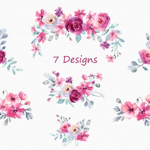 Pink and Burgundy Flowers Watercolor Clip Art Floral Designs Set ...