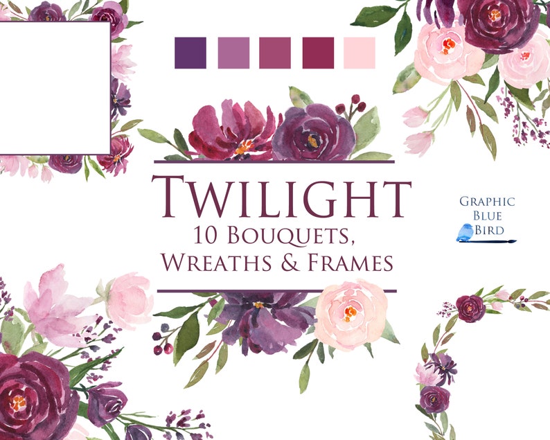 Watercolor Clip Art Designs and Frames in Plum Purple and | Etsy