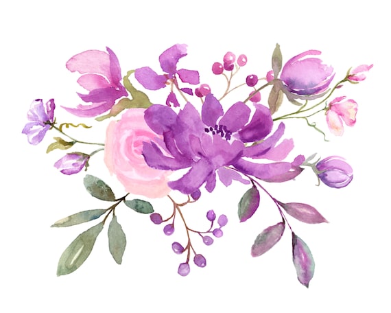 Purple Wedding Flowers Clip Art Purple Watercolor Roses Vector PNG