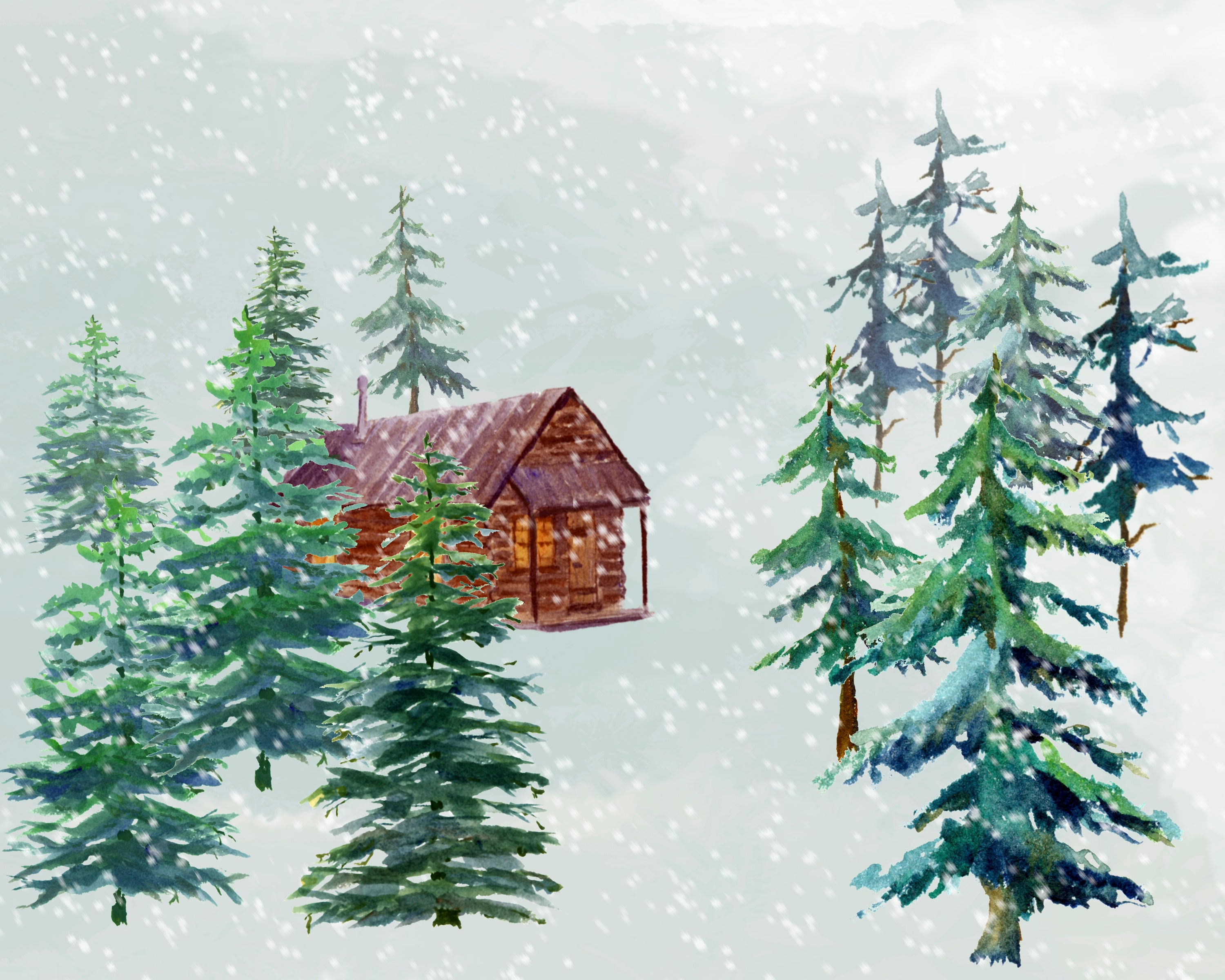 Winter Woods Watercolor Clip Art, Pine Trees, Snow, Log Cabin ...