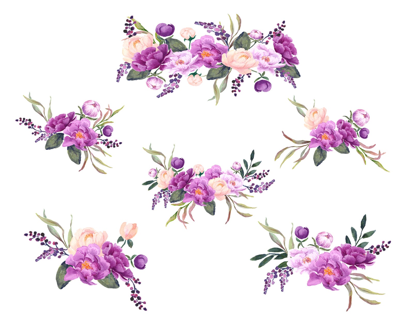 Purple Peonies Hand Painted Floral Clip Art, Purple and Blush Pink ...