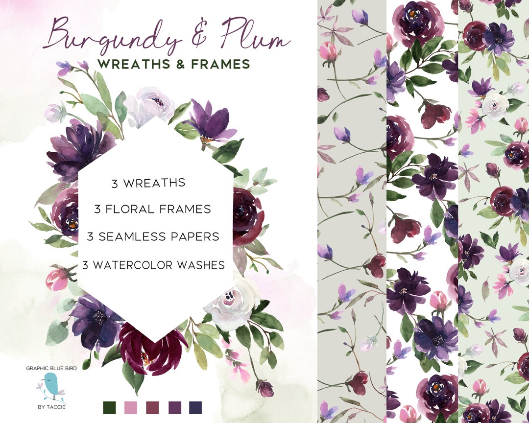 Watercolor Clipart Burgundy and Plum Flowers , Set Includes Floral ...