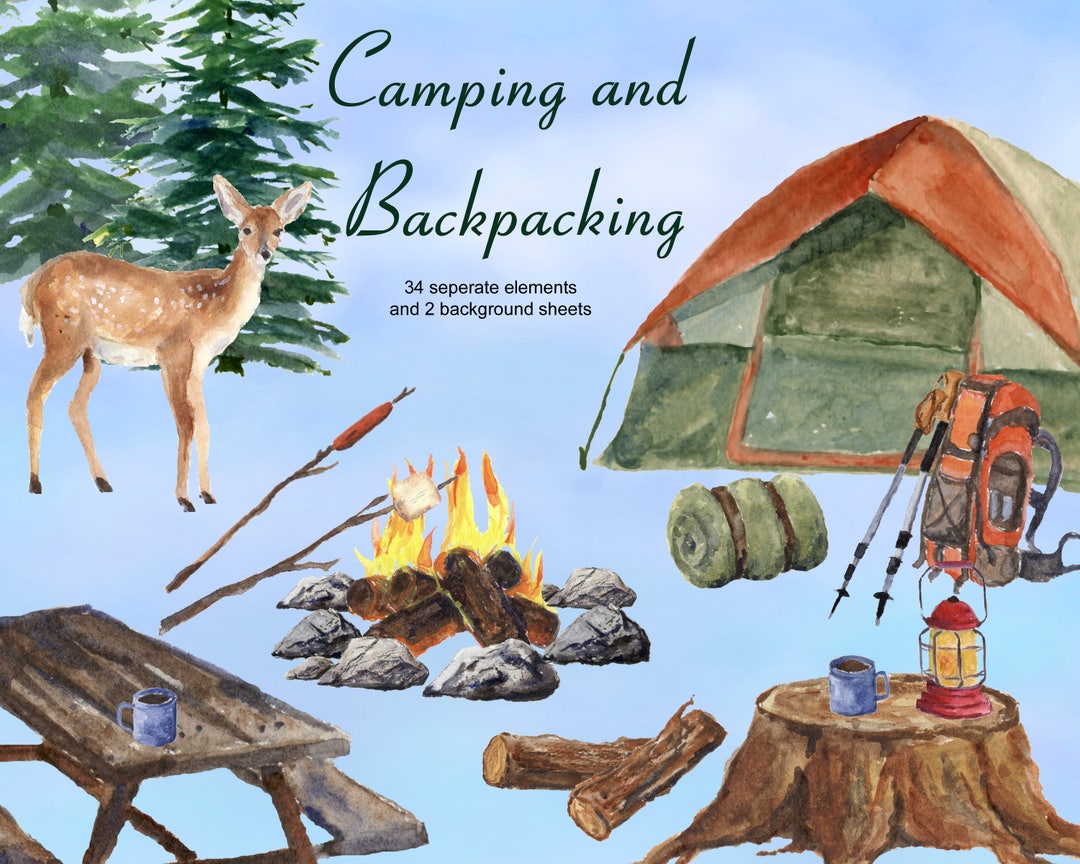 Watercolor Camping and Backpacking Clip Art Set: Tents, Backpack ...
