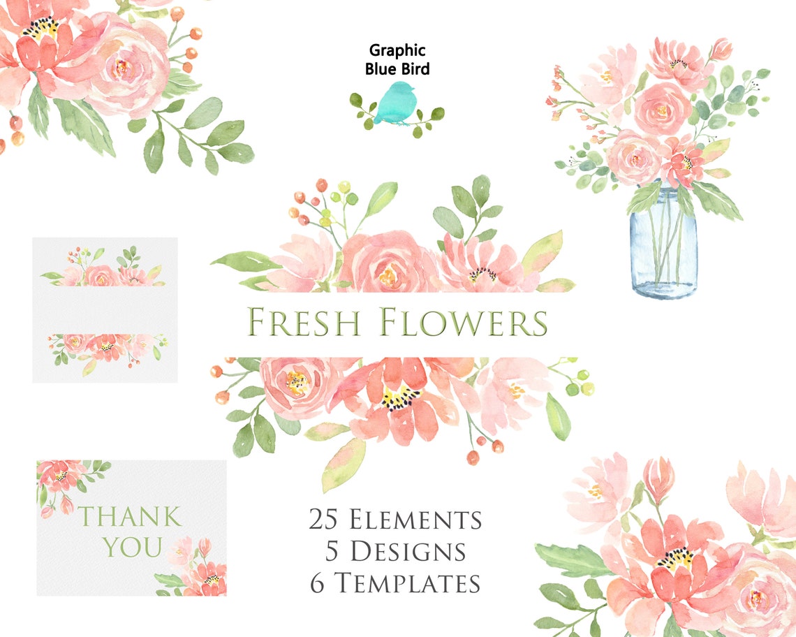 Fresh Watercolor Flowers in Pink Blush Set Comes With Individual ...
