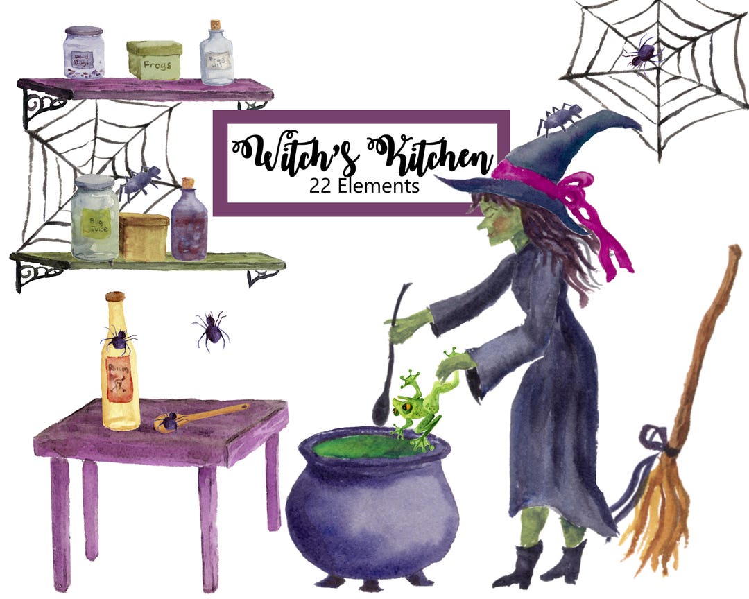 Witch's Kitchen Halloween Clip Art Collection: Witch, Potions, Cauldron ...