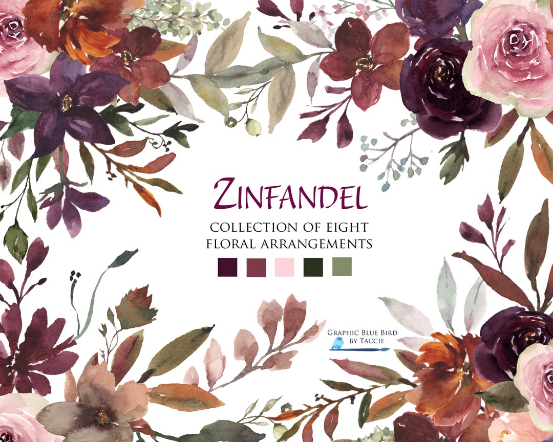 Fall Watercolor Flowers Leaves Floral Bouquets Brown Orange Plum Pink ...