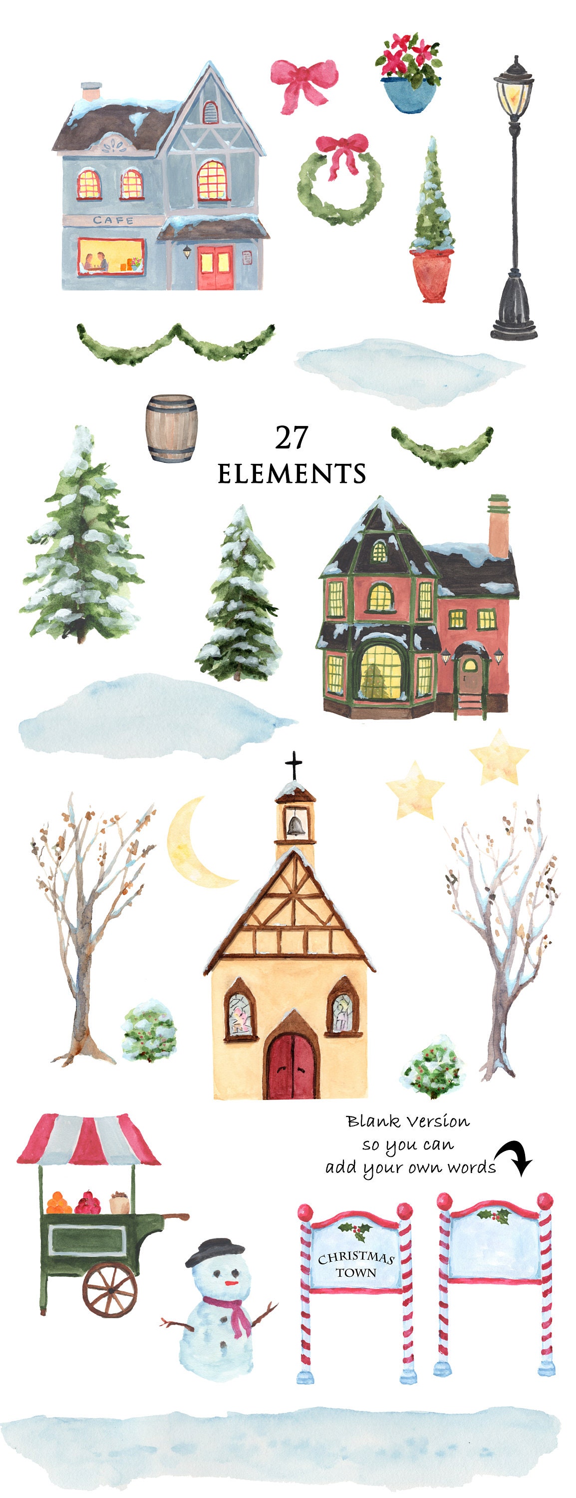 Christmas Town Watercolor Clip Art Christmas Village - Etsy