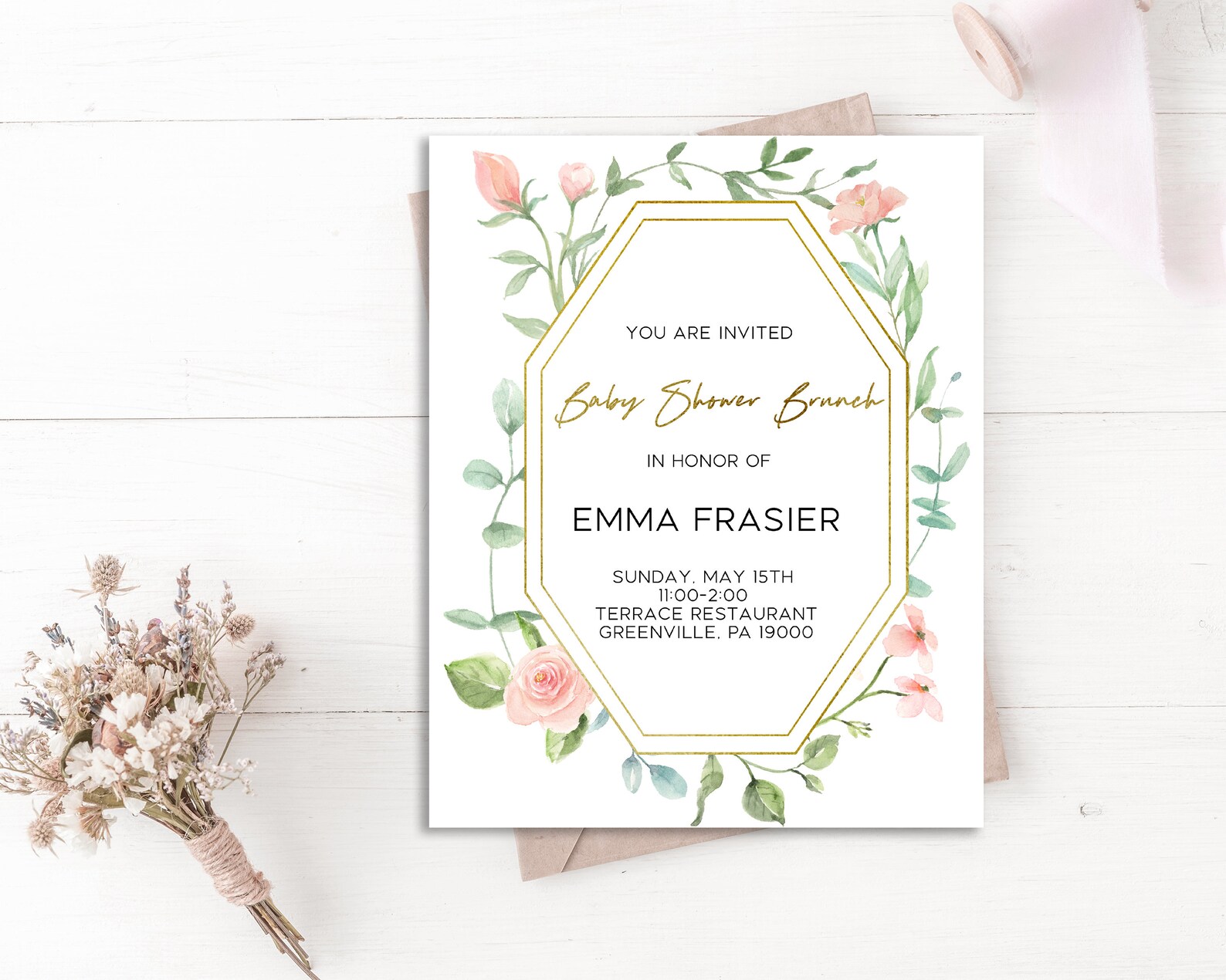 Pink Floral Frames, Gold Geometric Frames With Blush Pink Flowers ...