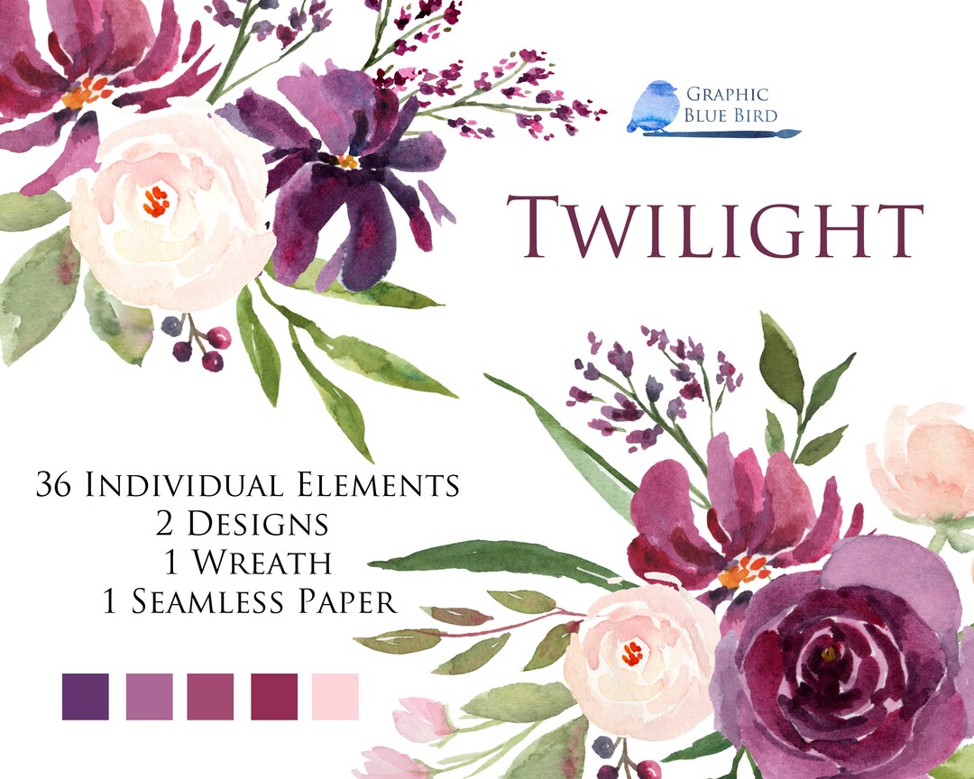 Watercolor Clip Art Flowers in Purple, Plum, and Burgundy Floral for ...