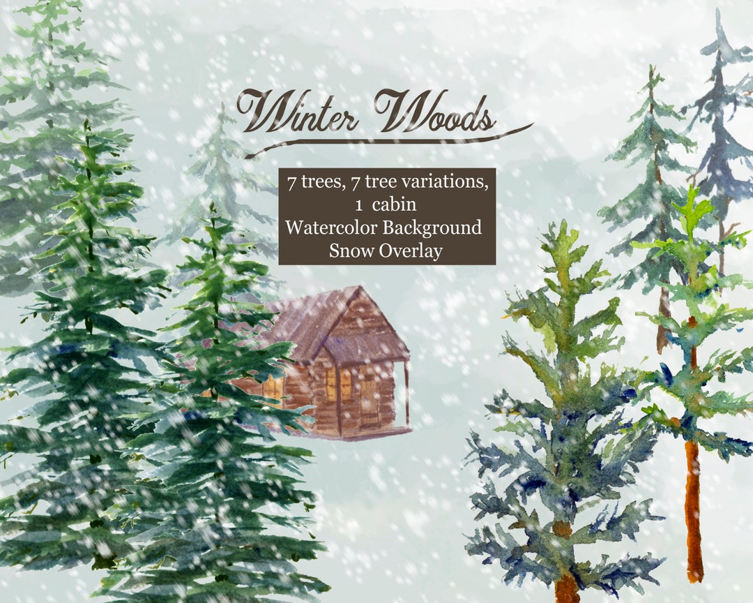 Winter Woods Watercolor Clip Art, Pine Trees, Snow, Log Cabin ...