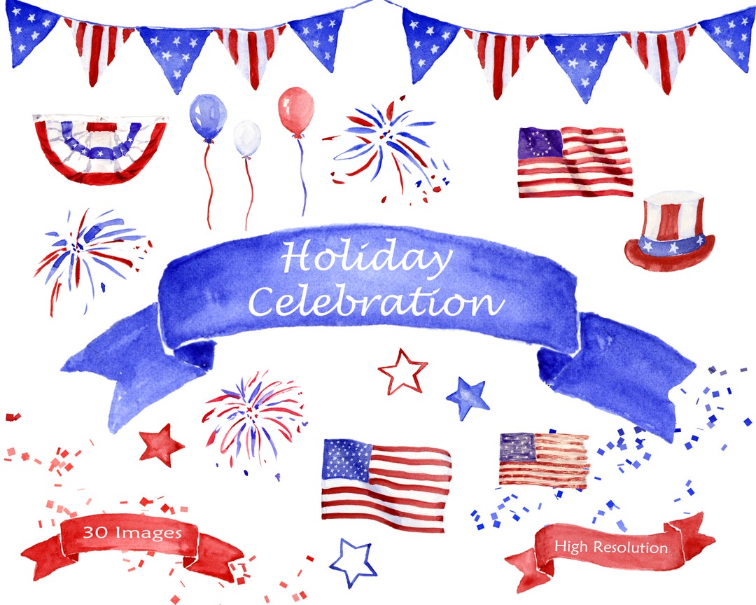 Fourth of July Clipart, Fireworks, Flags, American Holiday Celebration ...