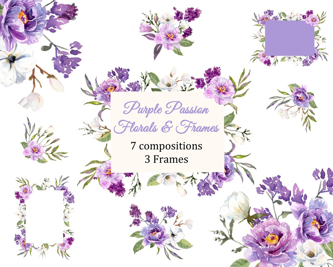 Floral Frames and Flowers, Purple and White Floral Watercolor Collection, Peonies and Magnolias ...