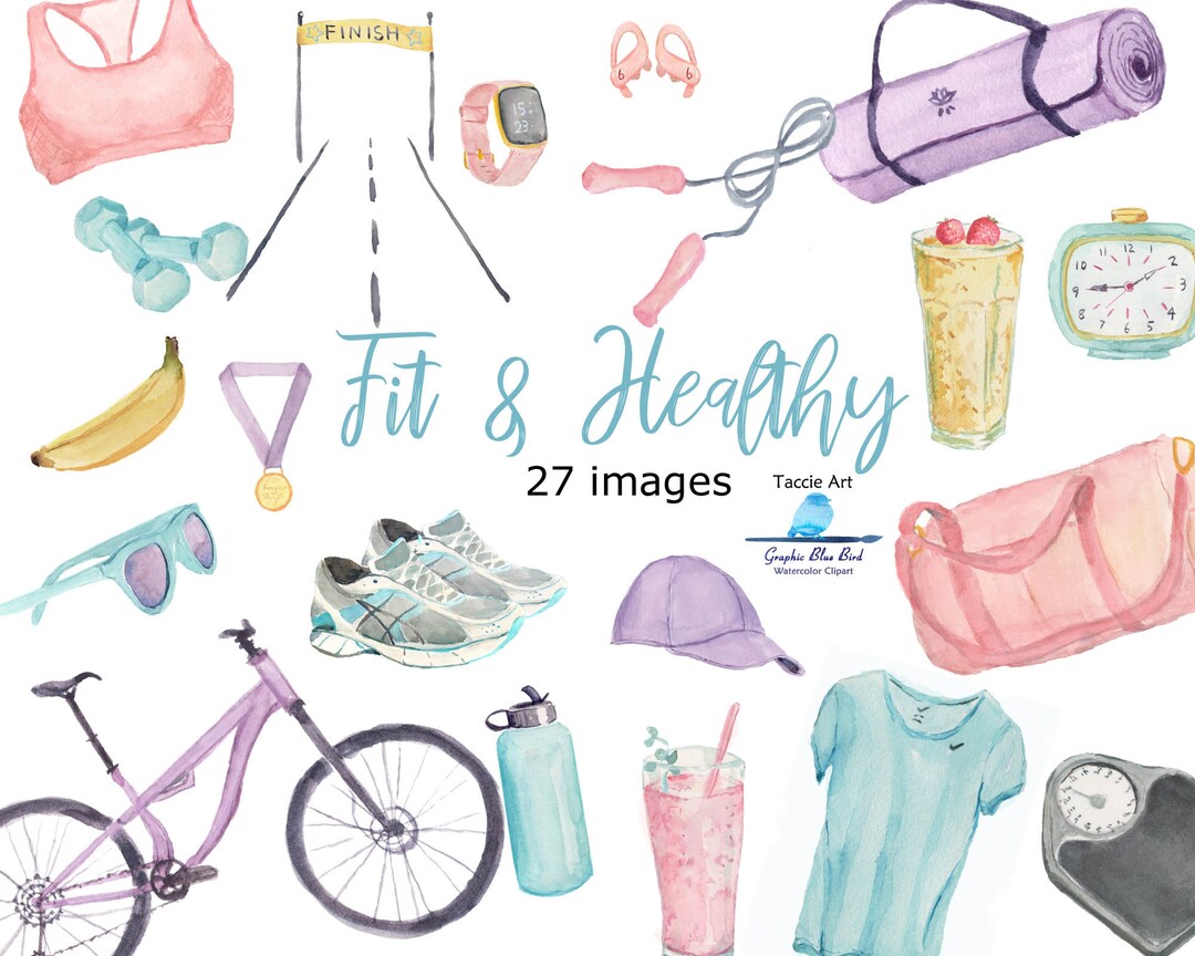 Fitness & Workout Watercolor Clipart Set: Bike, Running Shoes, Alarm ...