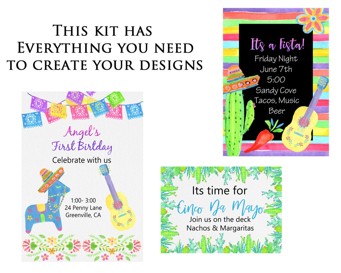 Fiesta Clip Art Kit, Picado Banner, Pinata, Guitar, Mexican Flowers ...