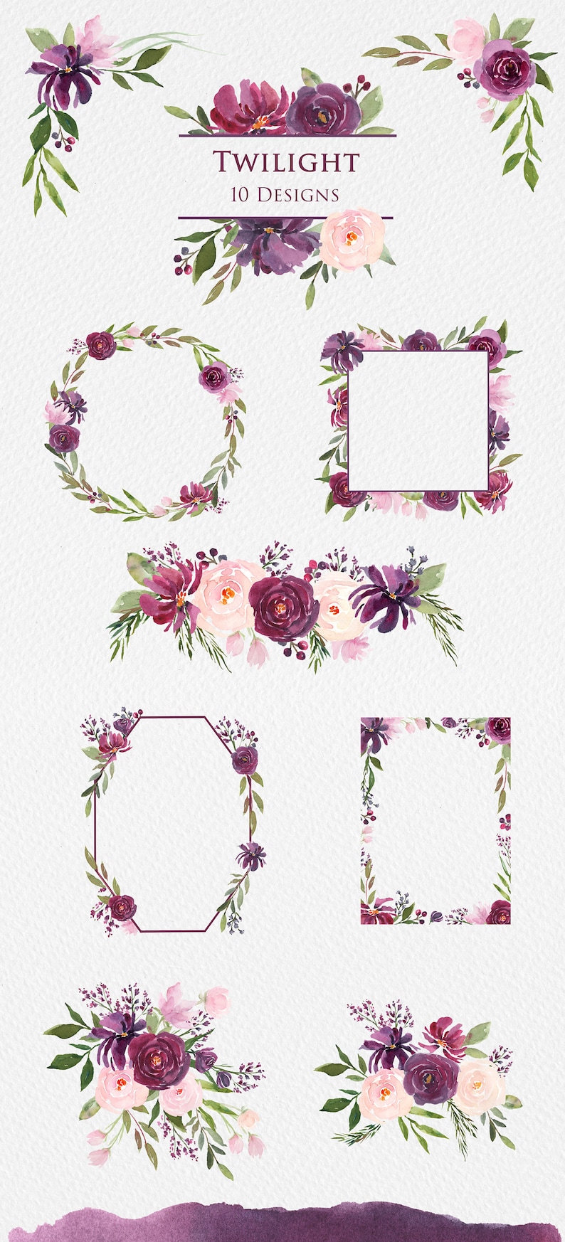 Watercolor Clip Art Designs and Frames in Plum Purple and | Etsy