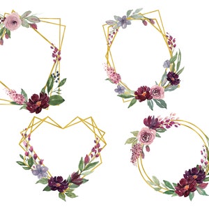Watercolor Clip Art Floral Wreaths and Frames in Burgundy, Blush and ...