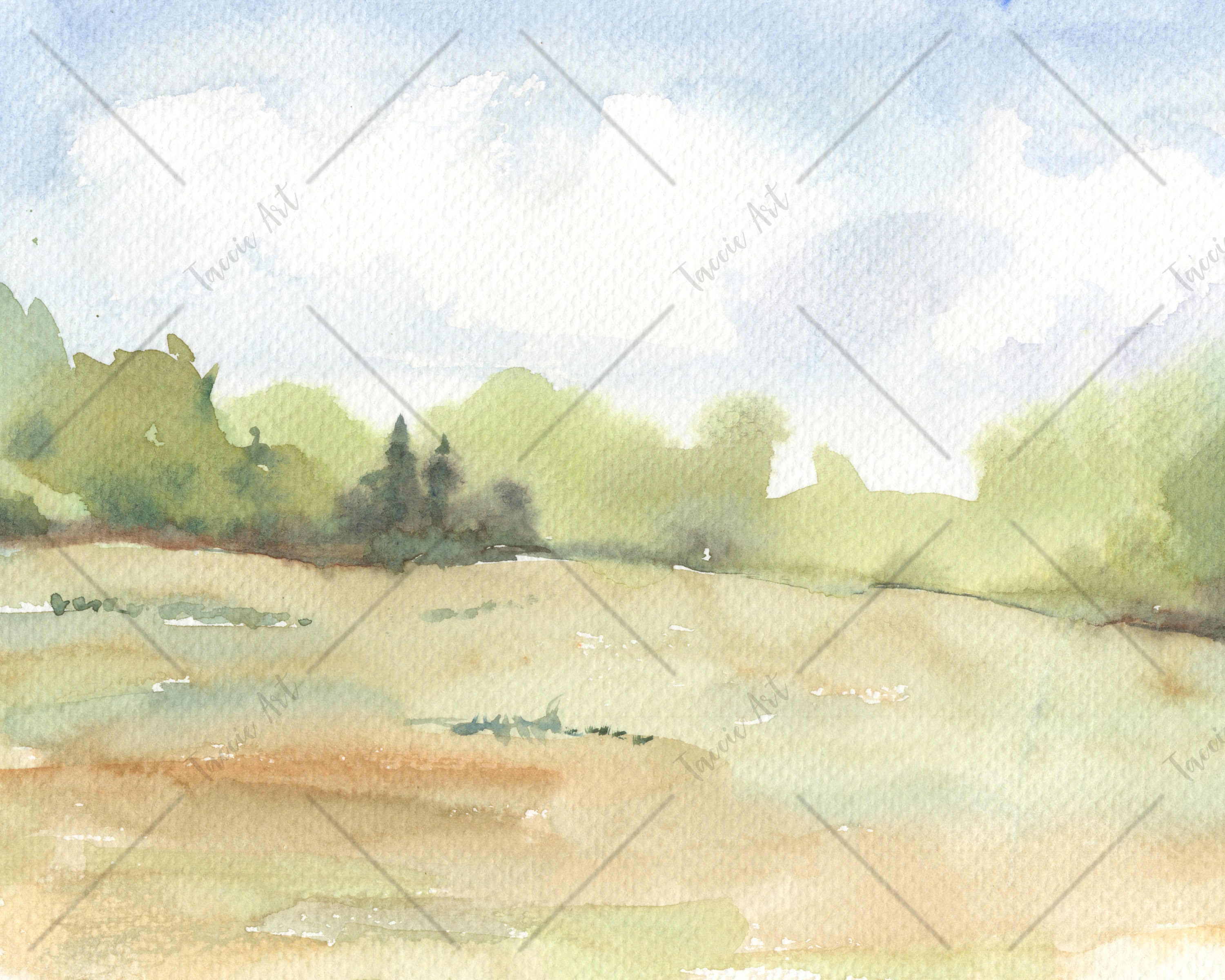 Watercolor Background, Simple Landscape, Field, Trees and Sky ...