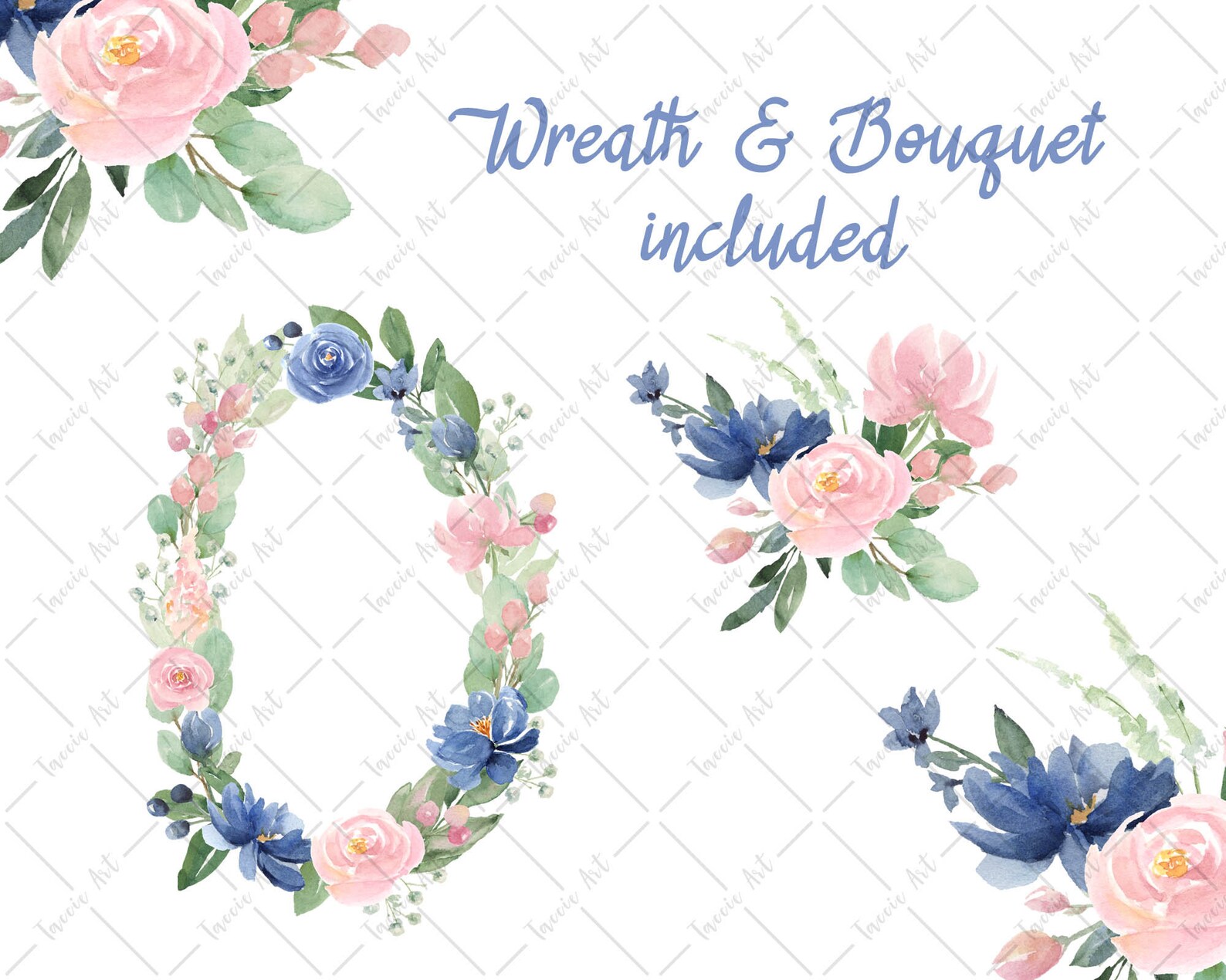 Blush Pink & Blue Watercolor Flowers Clipart Individual | Etsy