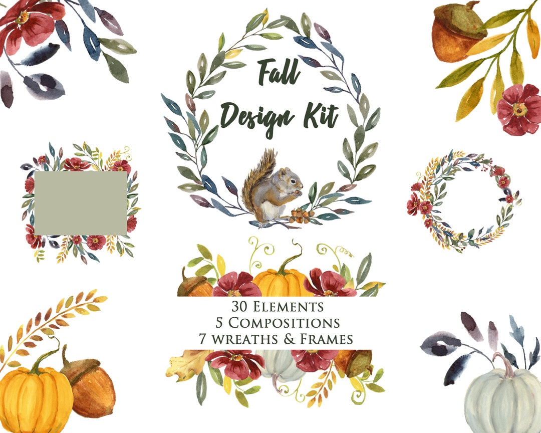 Huge Fall Design Kit: Watercolor Clipart Frames, Wreaths, Borders ...