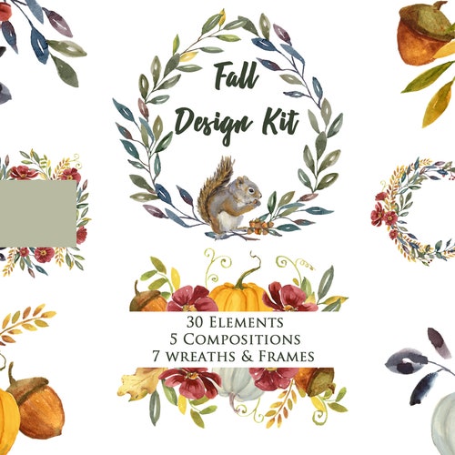 Huge Fall Design Kit: Watercolor Clipart Frames Wreaths - Etsy