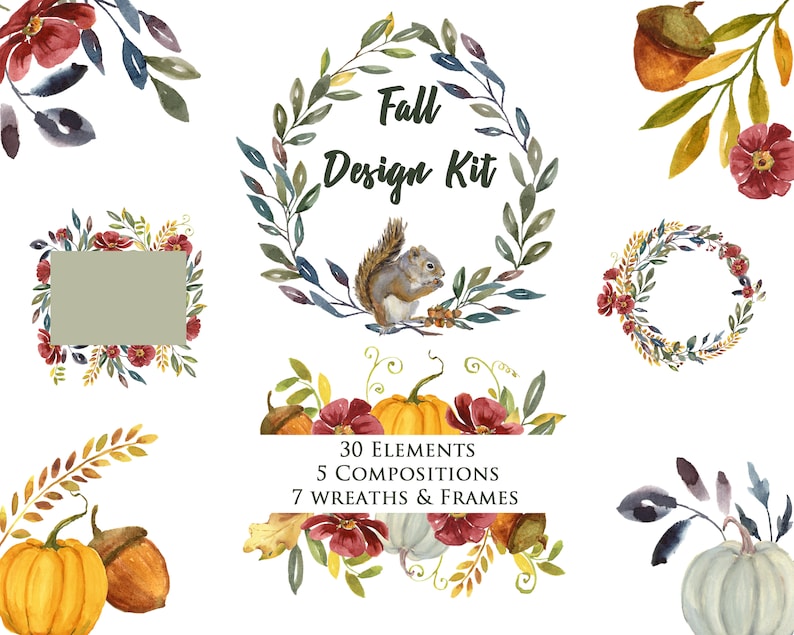 Huge Fall Design Kit: Watercolor Clipart Frames Wreaths - Etsy